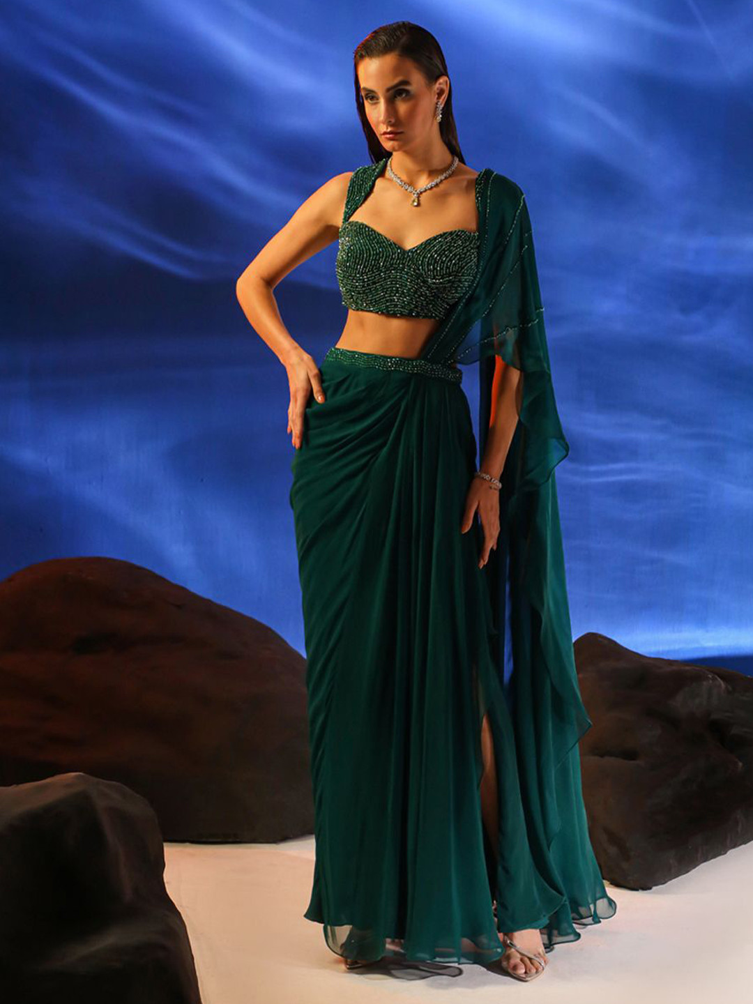 Buy Jade By Ashima Embellished Beads And Stones Pure Crepe Saree ...