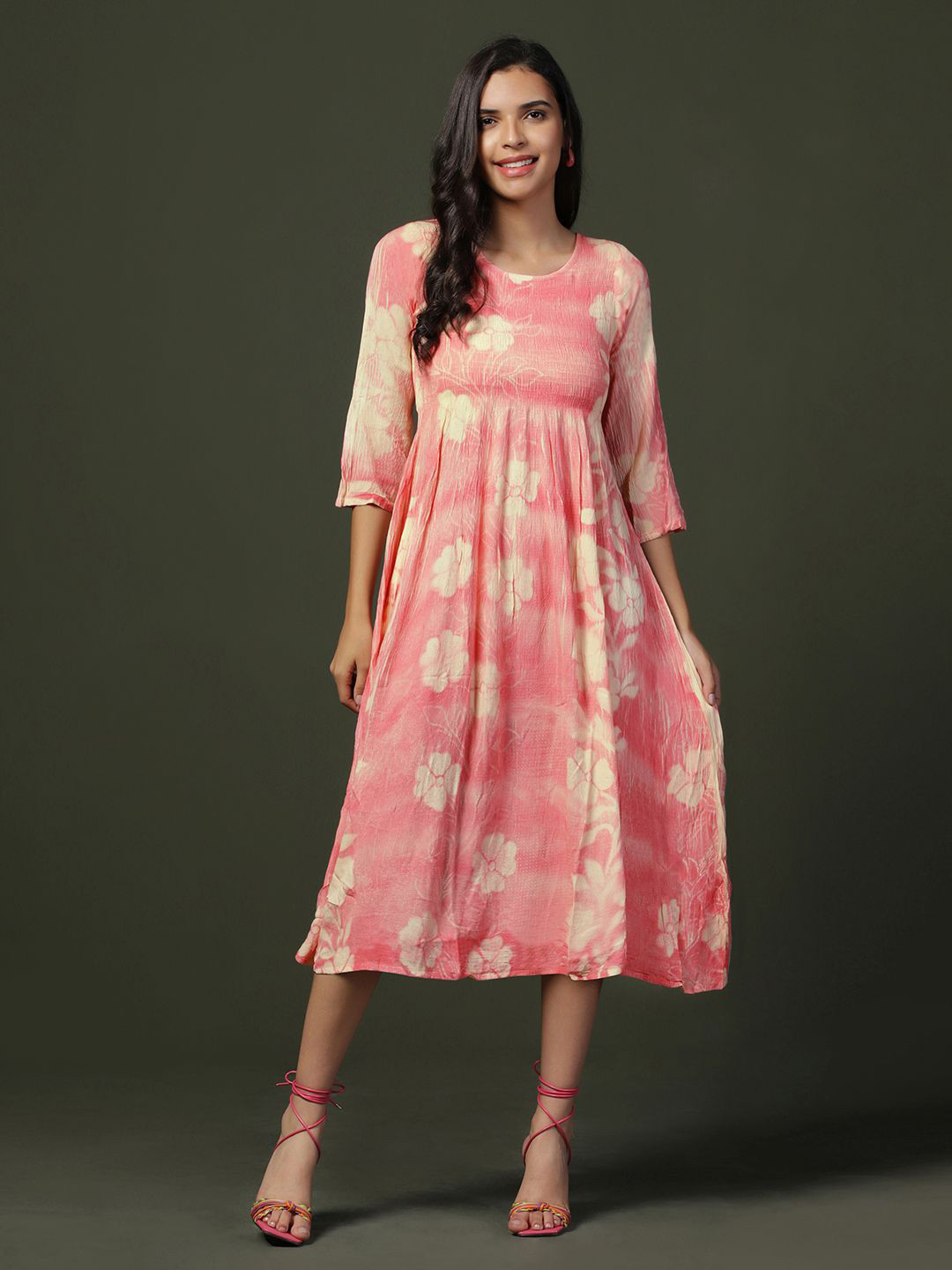 Buy OMPAX Floral Print Cold Shoulder Empire Midi Dress - Dresses for ...