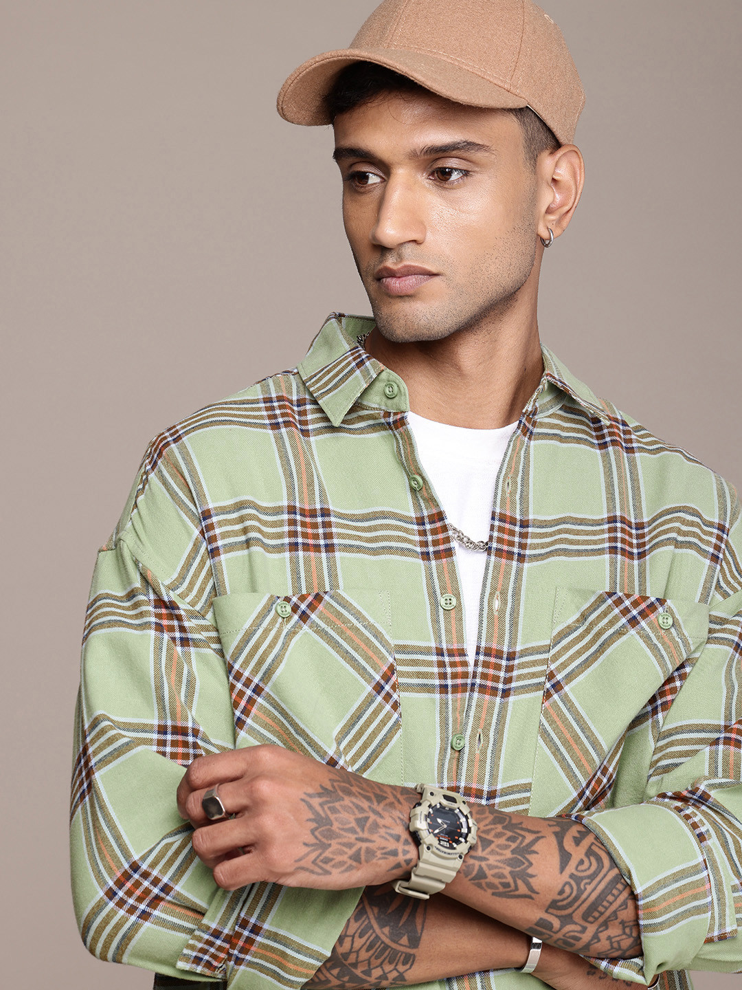 Buy The Roadster Life Co. Relaxed Fit Checked Drop Shoulder Sleeves Pure Cotton Casual Shacket ...