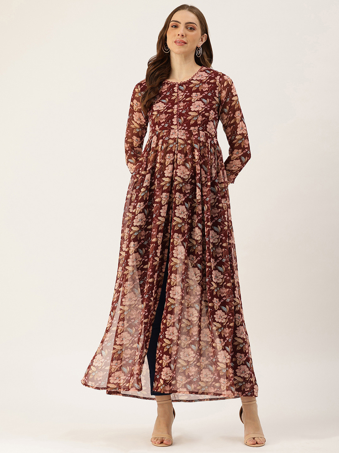 Buy ROVING MODE Floral Print Georgette Maxi Longline Top - Tops for ...