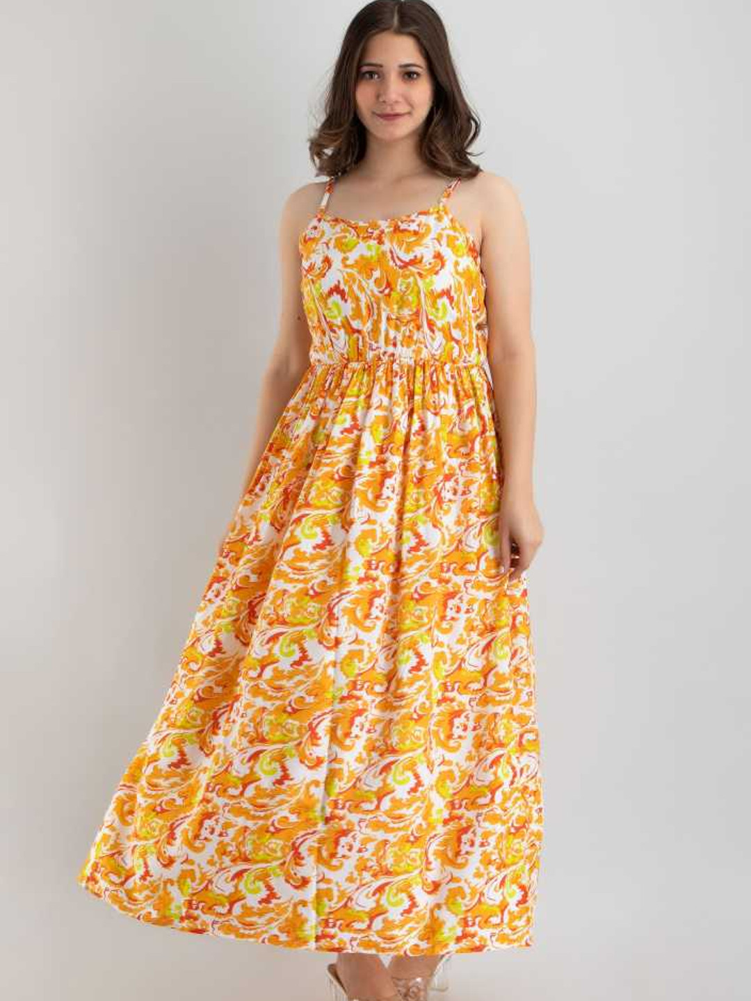 Buy SHOOLIN Floral Print Shoulder Straps Cotton Maxi Fit & Flare Dress ...