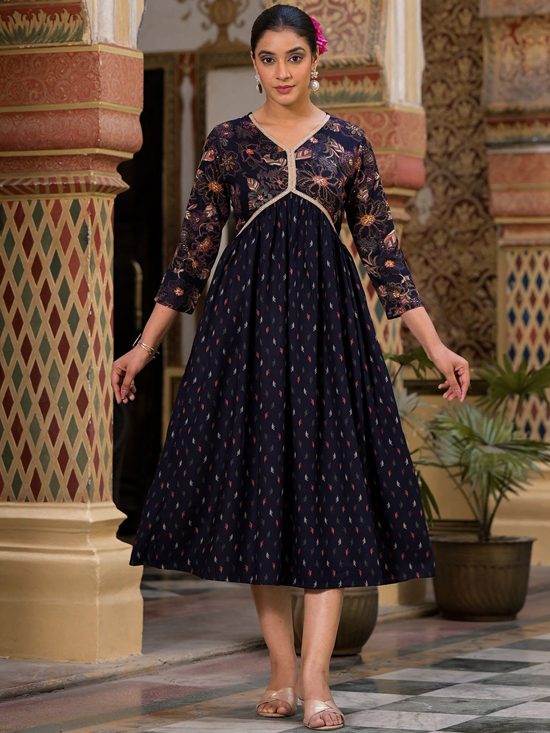 Buy Label Khoj V Neck Ethnic Motifs Printed A Line Kurta - Kurtas for ...