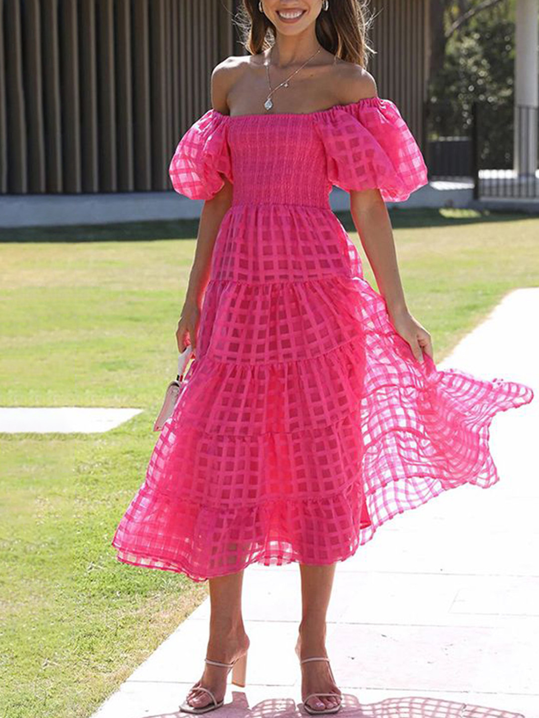 Buy StyleCast X Revolte Off Shoulder Layered Fit & Flare Midi Dress ...