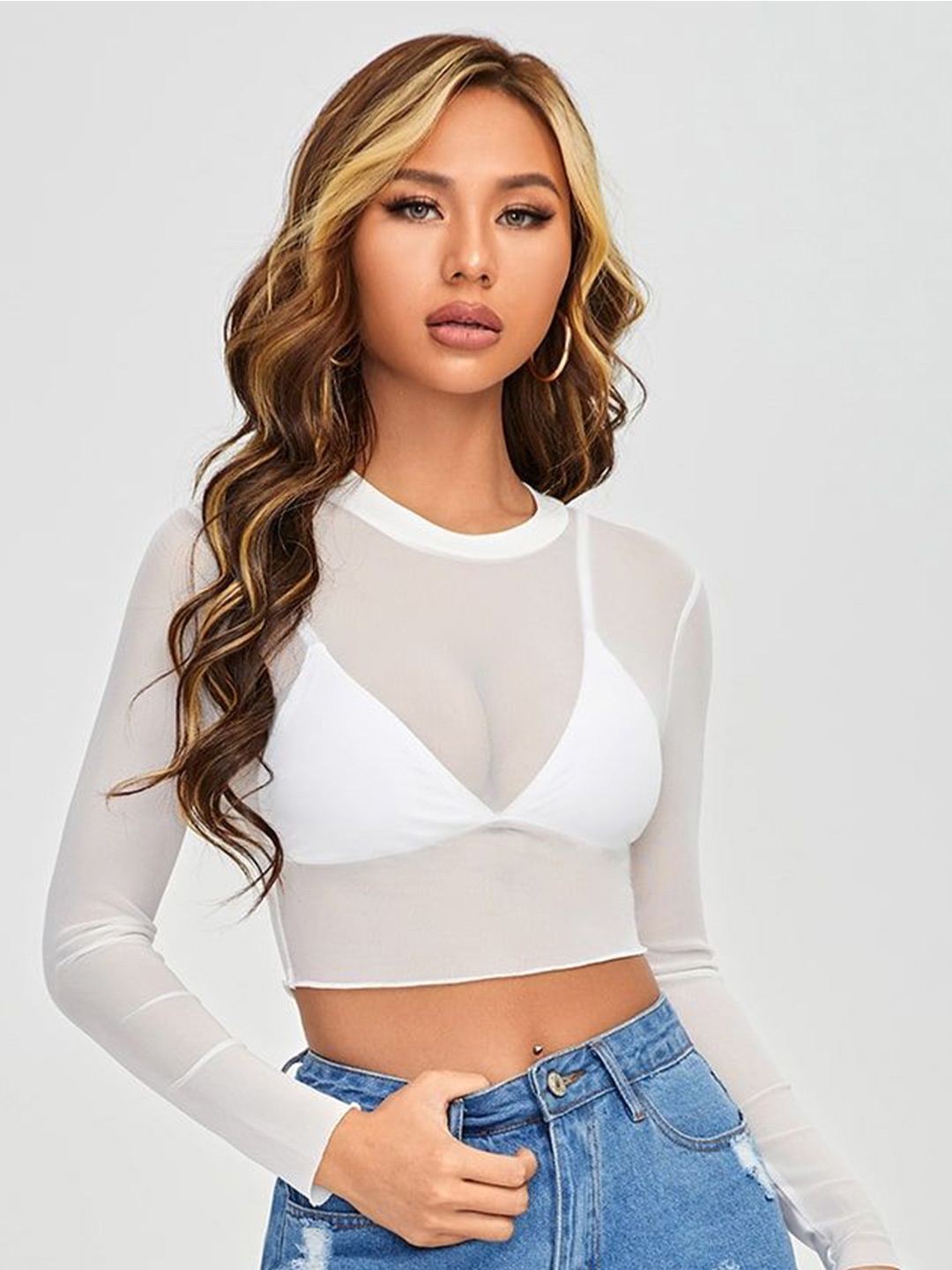 Buy Aahwan Solid Round Neck Sheer Crop Top Tops For Women 29959255