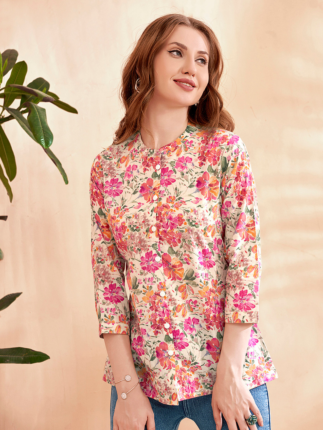 Buy Anouk Floral Printed Band Collar Straight Kurti - Kurtis for Women ...