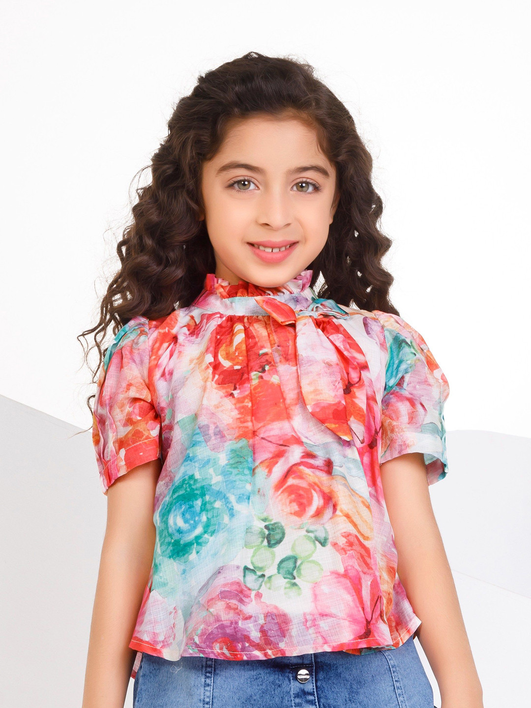 Buy Peppermint Floral Print Flutter Sleeve Blouson Top - Tops for Girls ...
