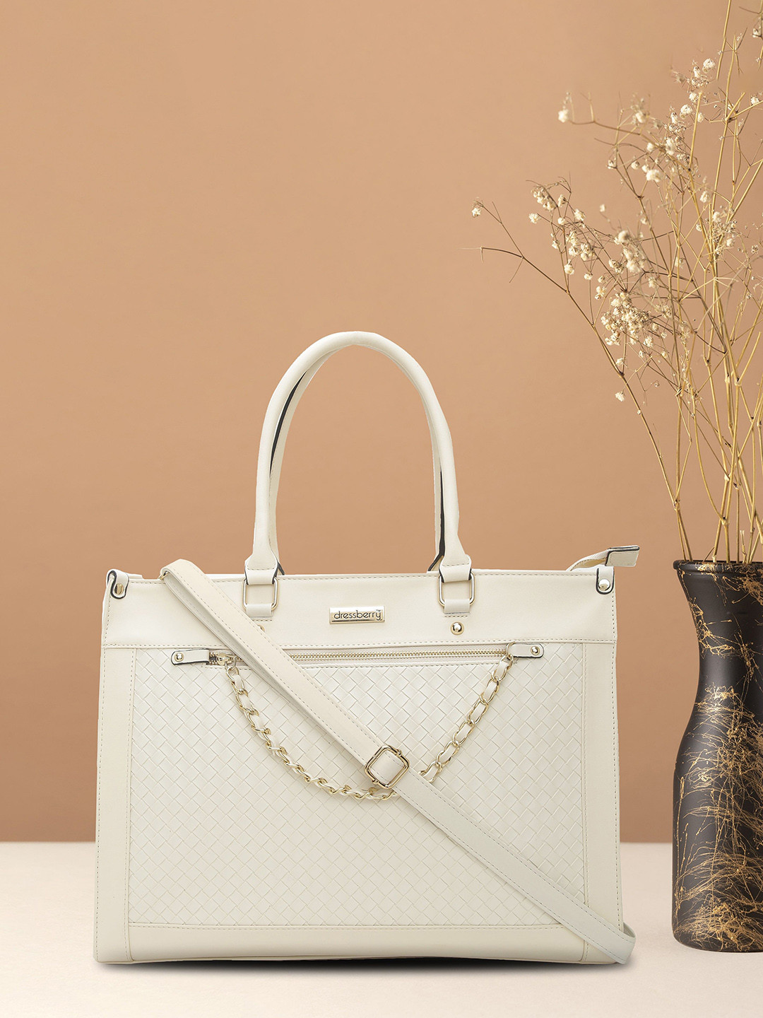 Buy DressBerry Women Beige Textured Structured Tote Bag - Handbags for ...