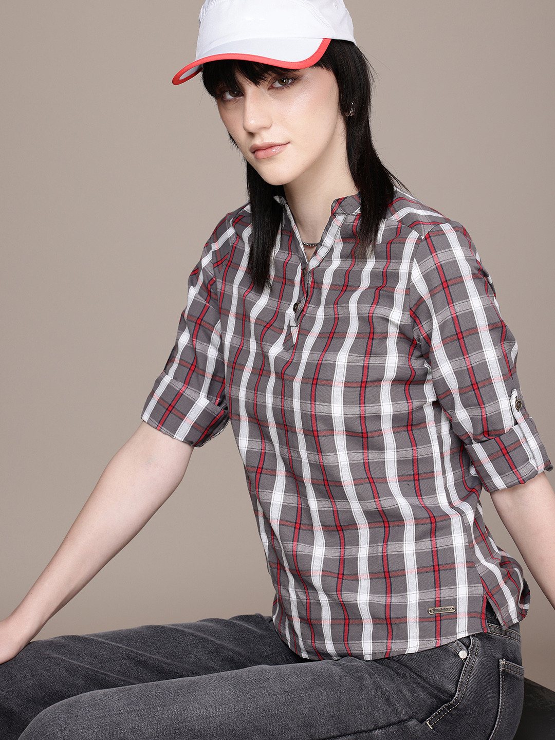 Buy Roadster Checked Mandarin Collar Shirt Style Top - Tops for Women ...