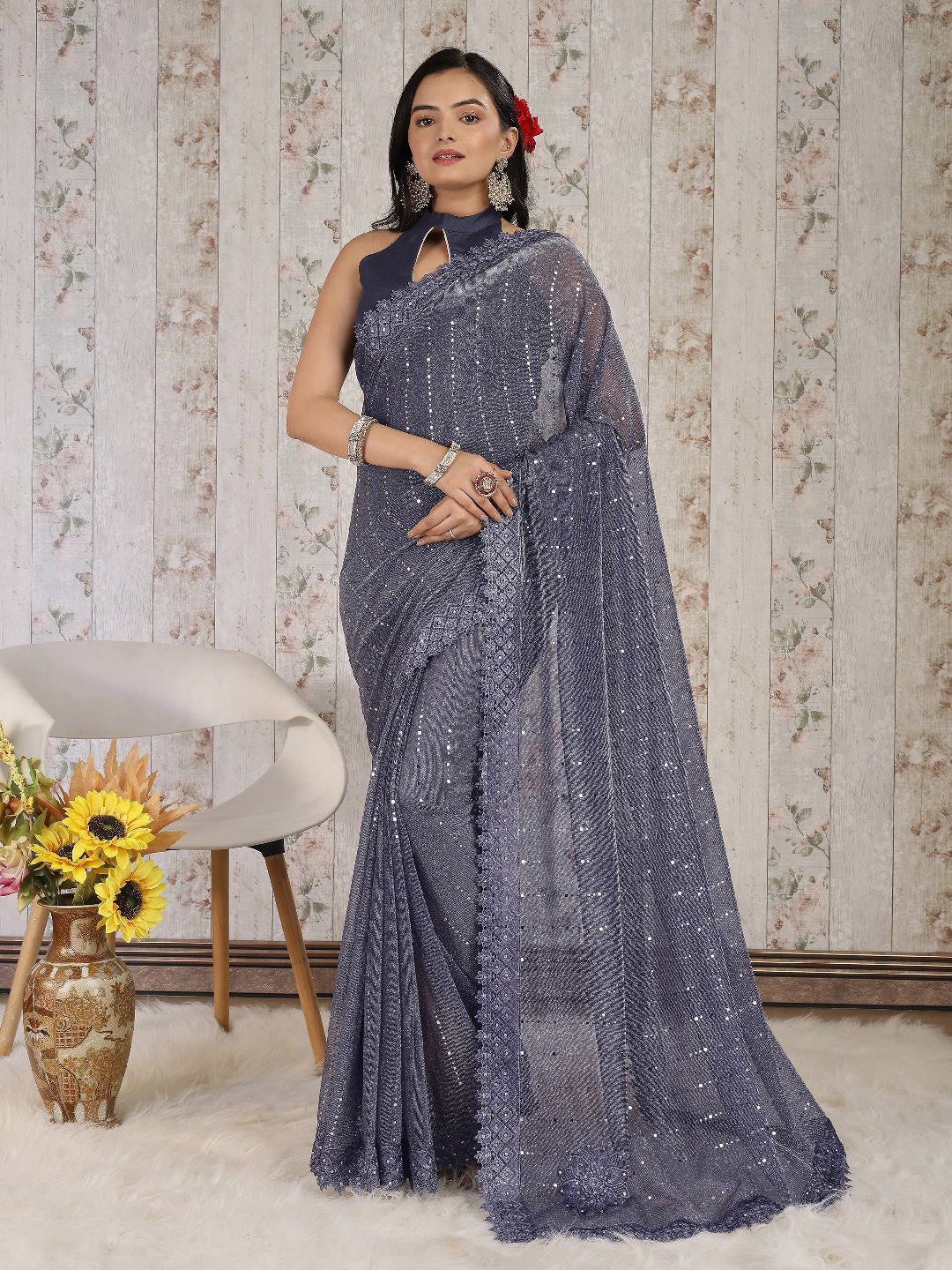 Buy HERE&NOW Embellished Mukaish Saree - Sarees for Women 29987497 | Myntra