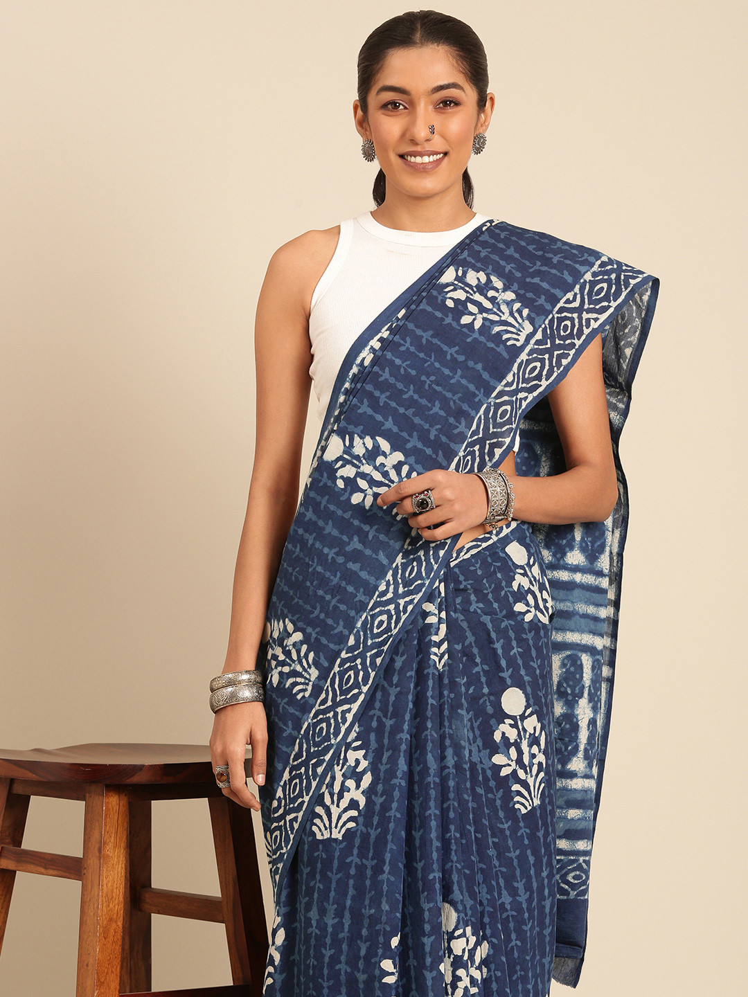 Buy Taavi Indigo Hand Block Printed Saree - Sarees for Women 29988675 ...