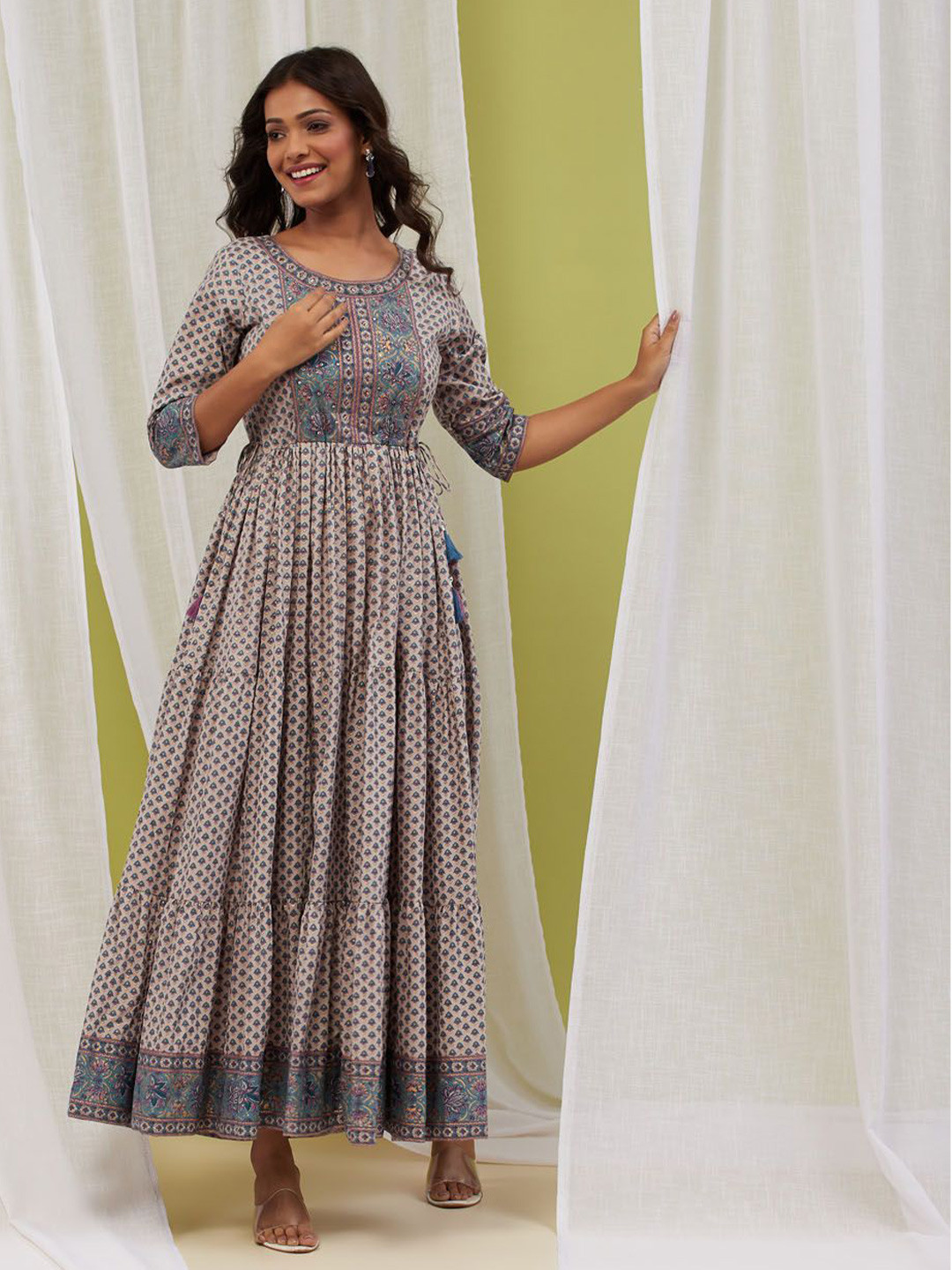 Buy Meena Bazaar Ethnic Motifs Print Fit And Flare Maxi Ethnic Dress ...
