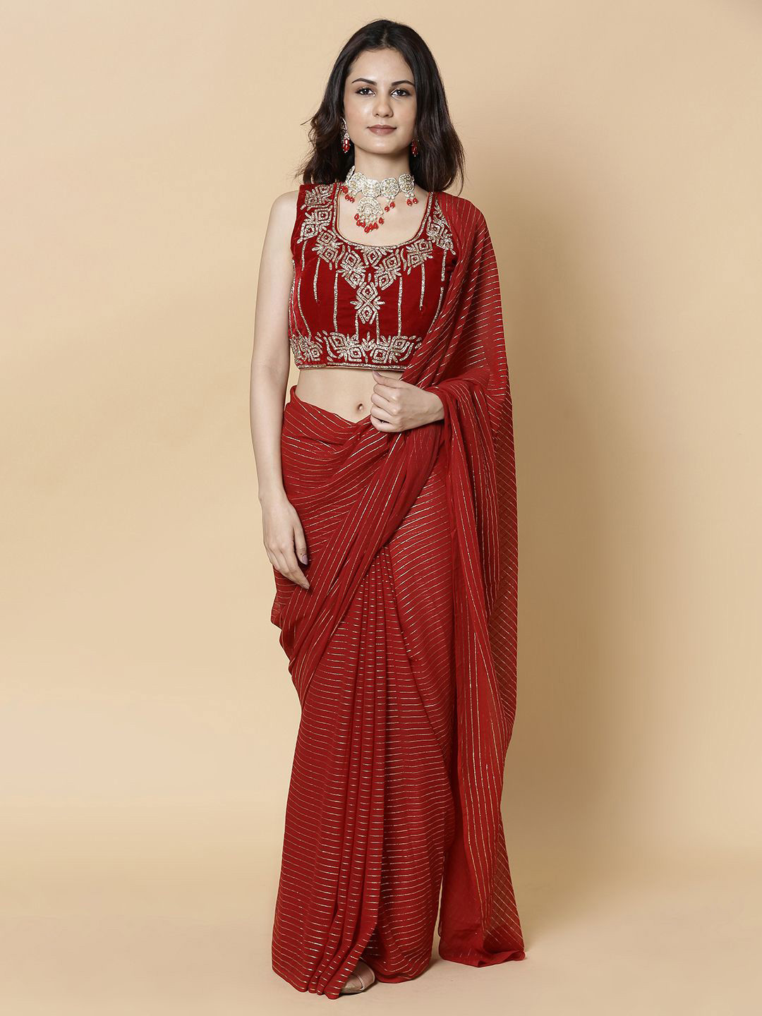 Buy Vervee Couture Striped Pure Georgette Saree - Sarees for Women ...