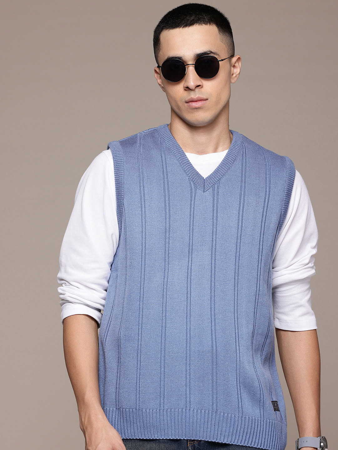 Buy The Roadster Lifestyle Co. Self Striped V Neck Acrylic Sweater Vest ...