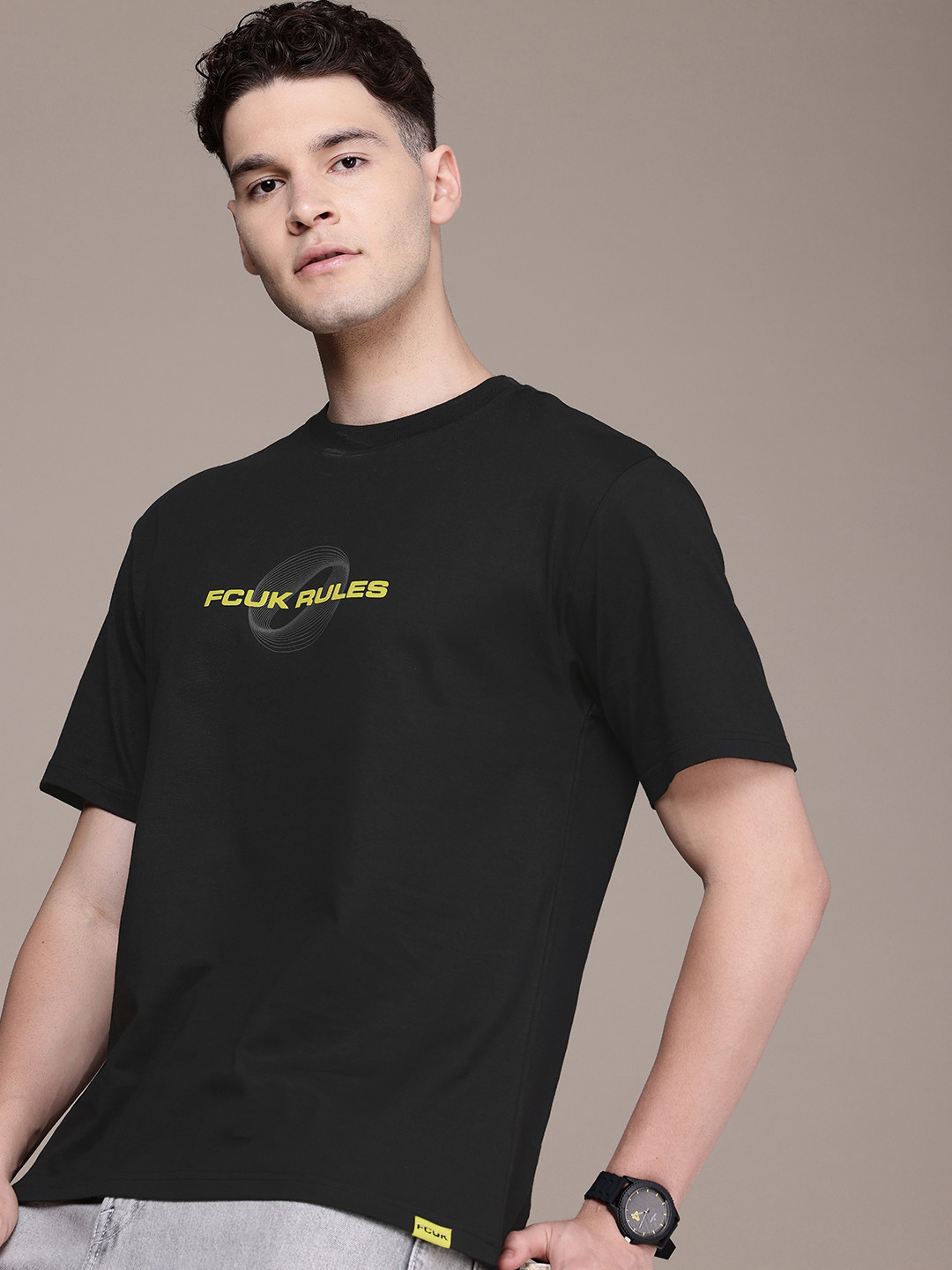 Buy FCUK Men Typography Printed Bio Finish Oversized Pure Cotton T ...