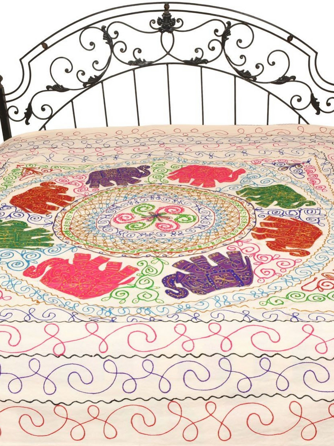 Buy Exotic India Cream Gujarati Bedspread With Applique Elephants And ...