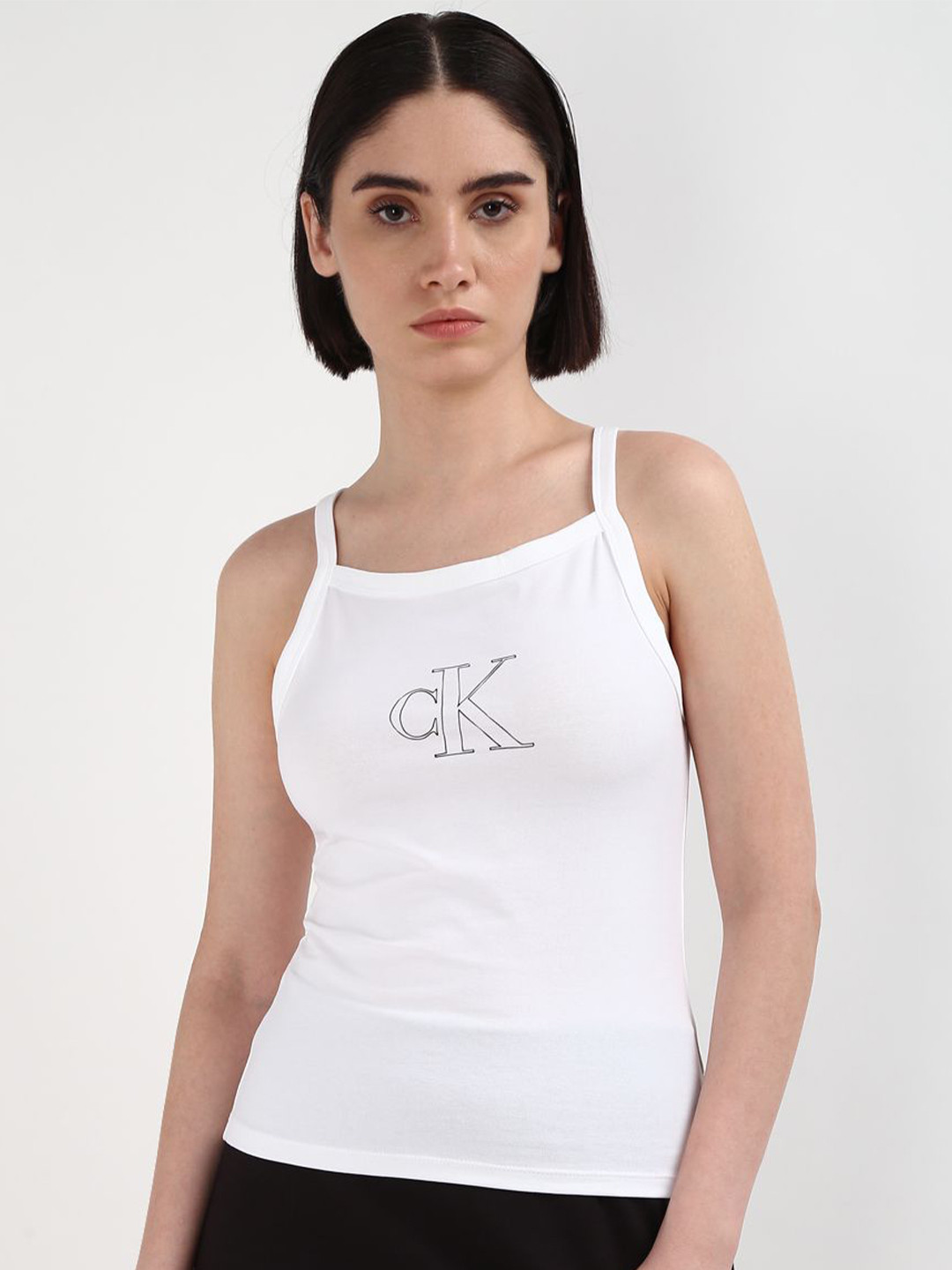 Buy Calvin Klein Jeans Typography Printed Shoulder Straps Fitted Top ...