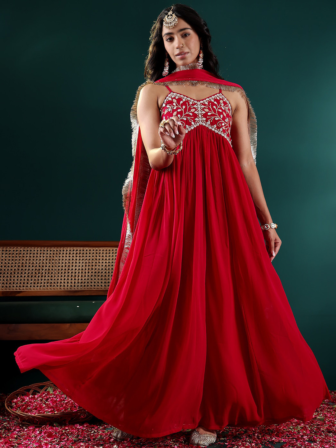 Buy Varanga Ethnic Motifs Embroidered Shoulder Straps Anarkali Kurta ...