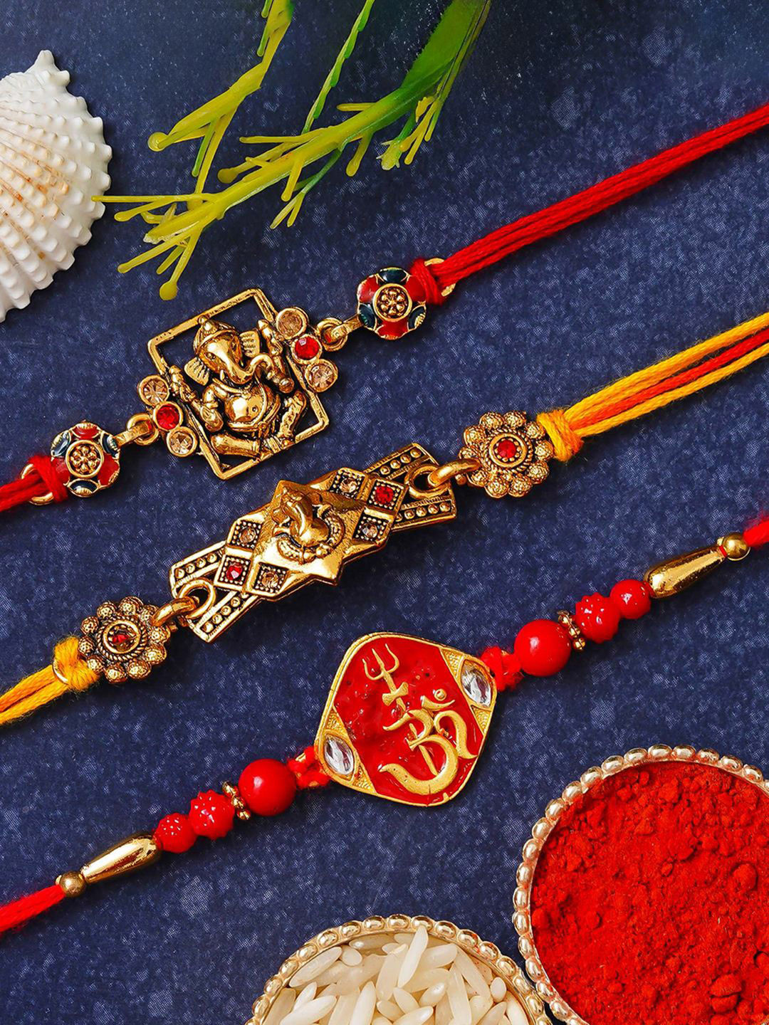 Buy ECraftIndia Set Of 3 Ganesha Om Trishul Damru Thread Rakhi With ...