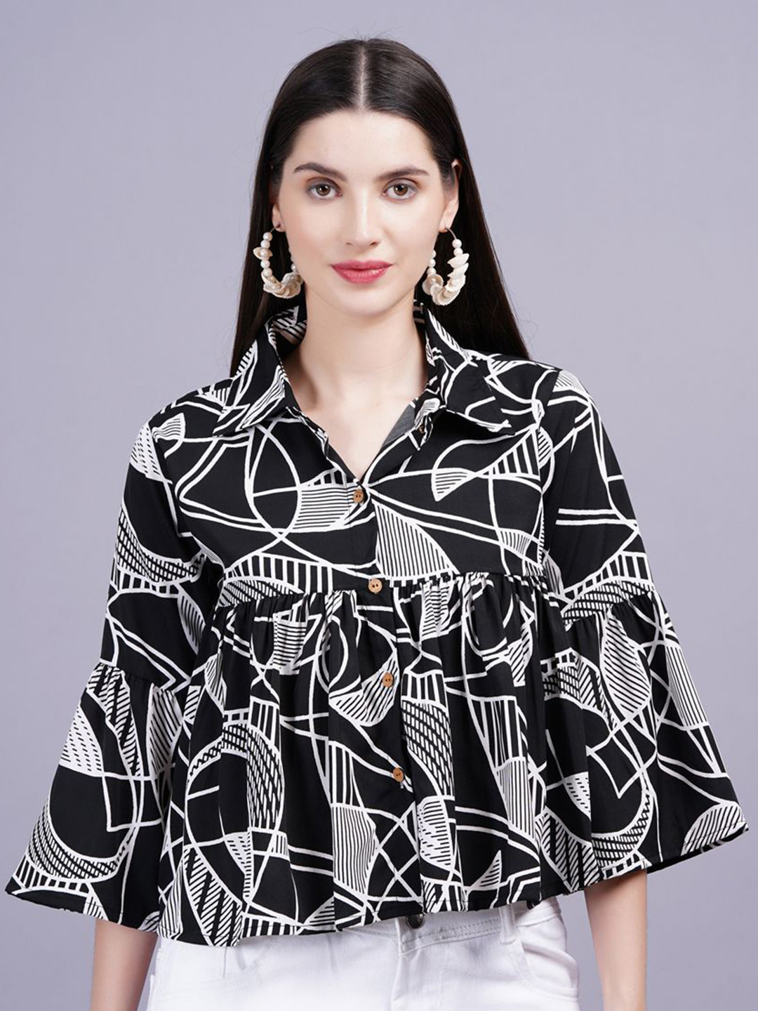 Buy JC4U Geometric Printed Flared Sleeve Shirt Style Women Top - Tops ...