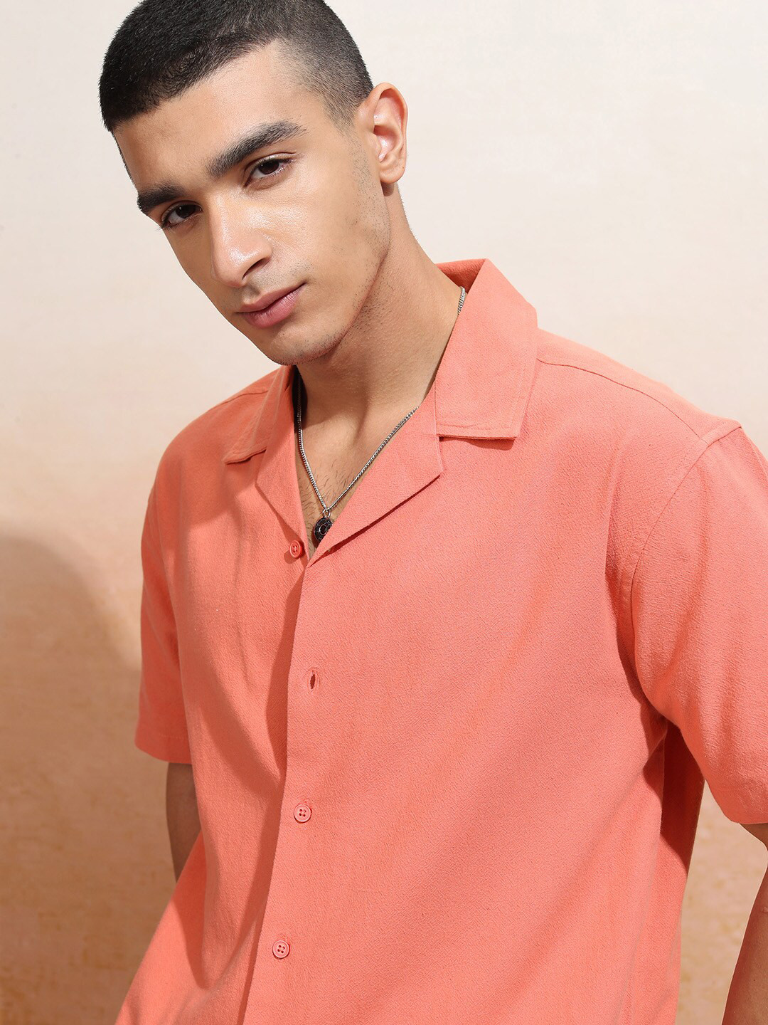 Buy HIGHLANDER Men Dobby Textured Solid Cuban Collar Relaxed Shirt ...