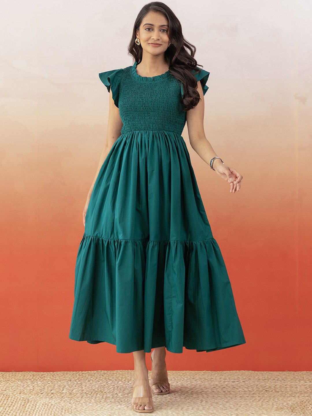 Buy Polago Clothing Smocked Flutter Sleeve Cotton Fit And Flare Maxi ...