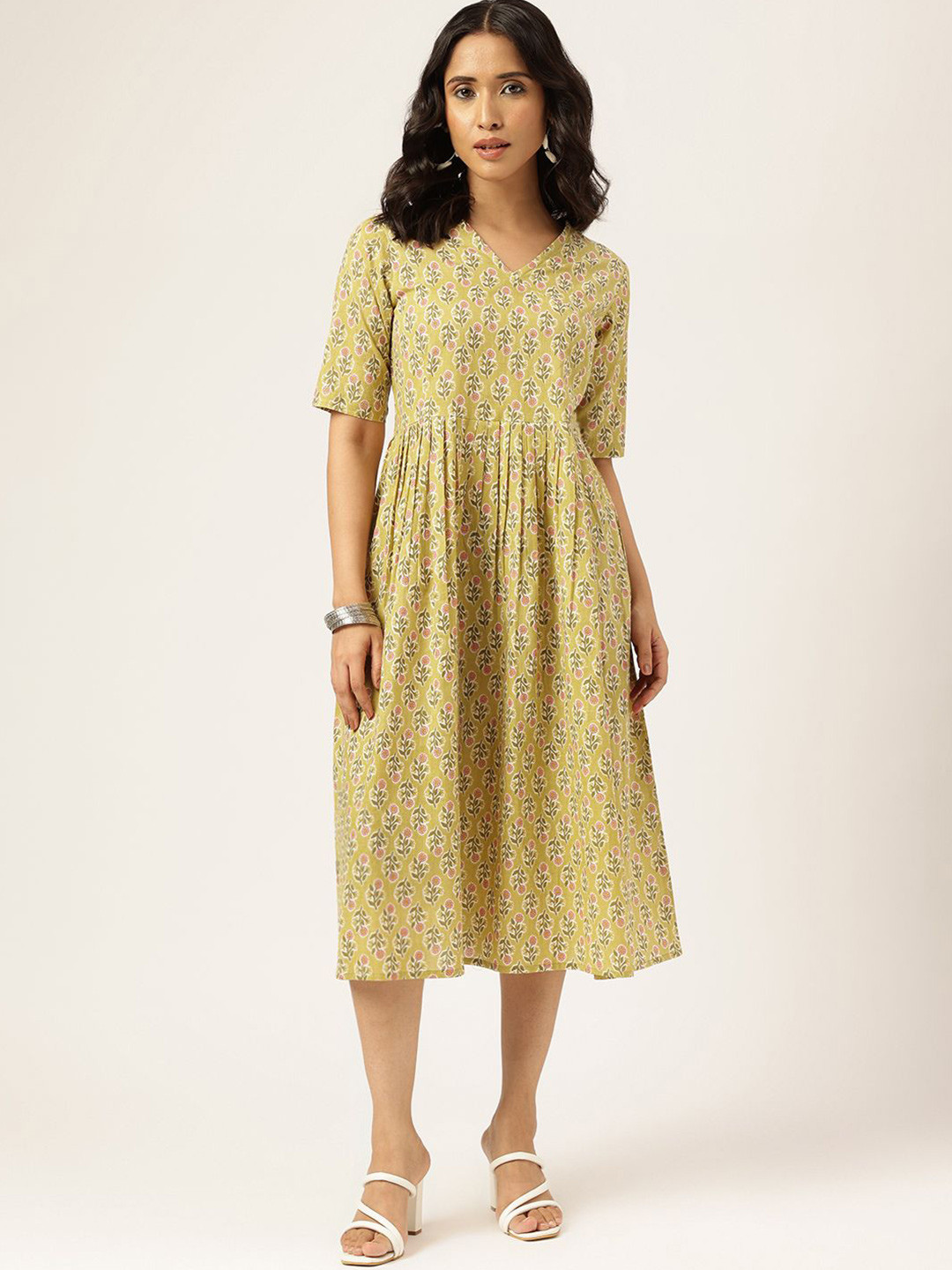 Buy SPARSA Floral Print A Line Midi Dress - Ethnic Dresses for Women ...