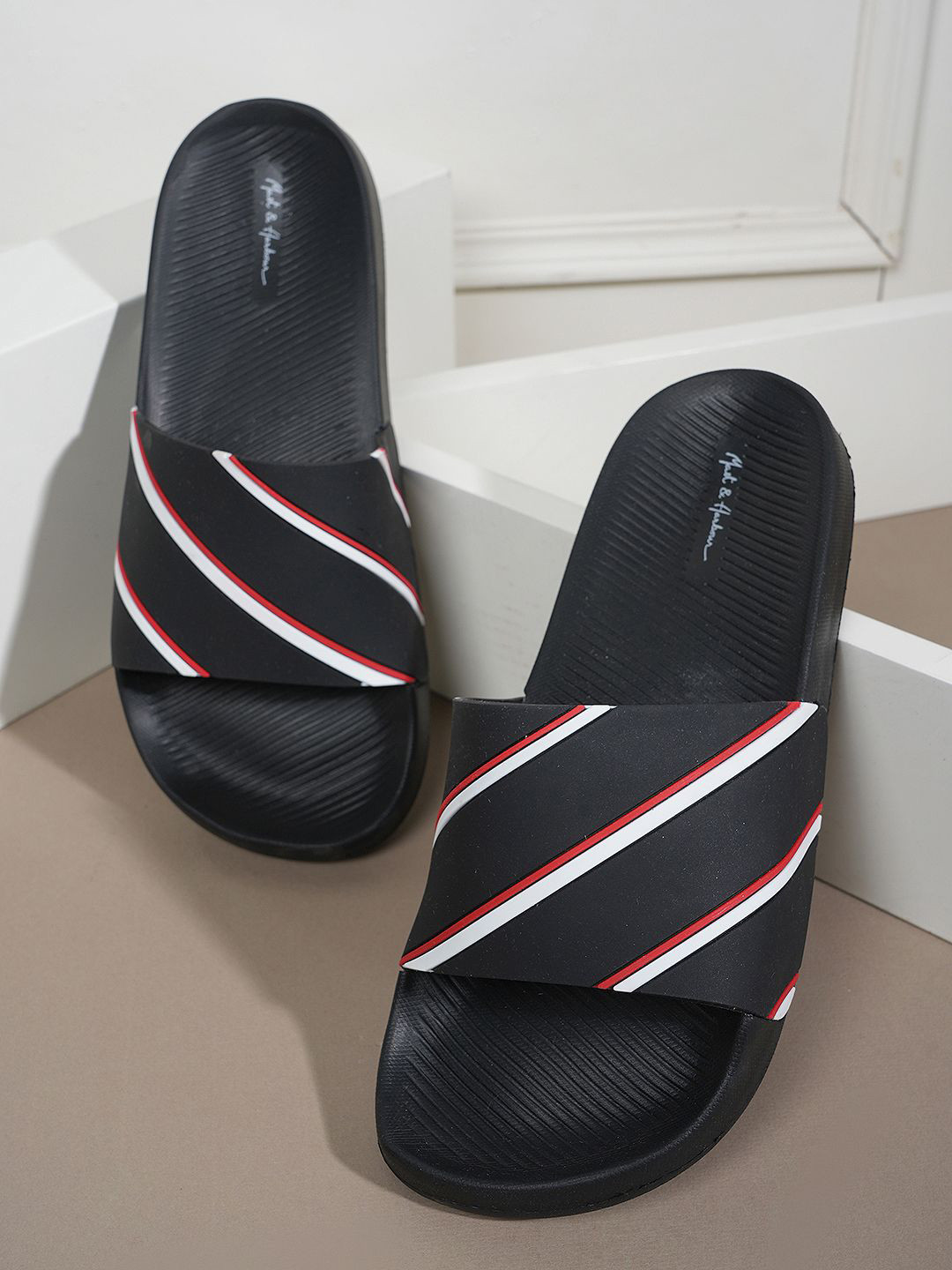 Buy Mast & Harbour Men Black Rubber Sliders - Flip Flops for Men ...