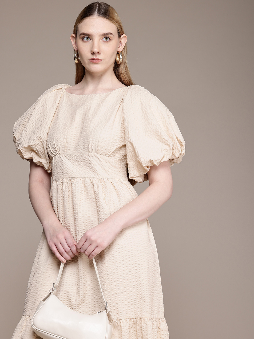 Buy French Connection Boat Neck Puff Sleeves Seersucker Fit & Flare ...