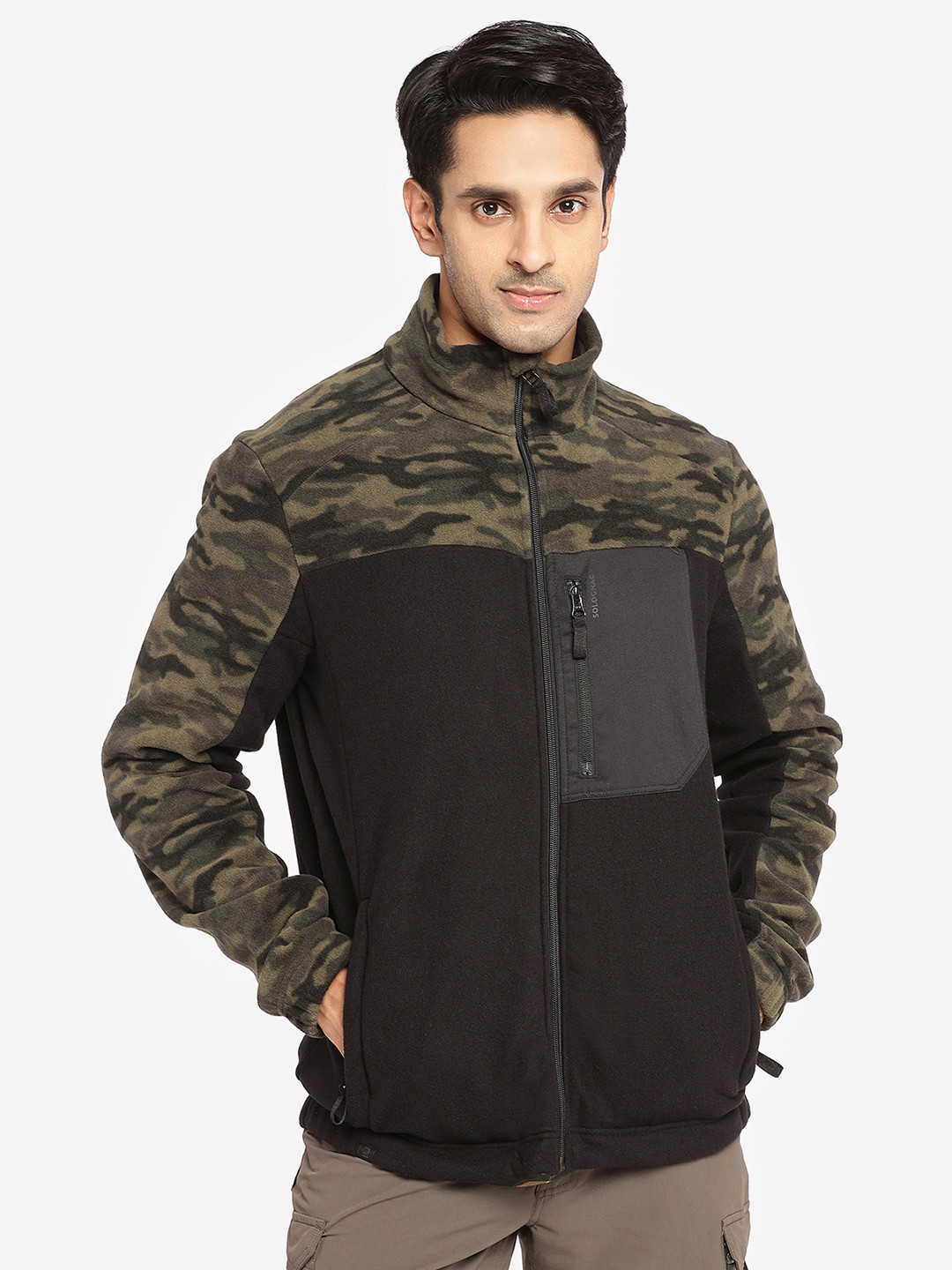 Buy SOLOGNAC By Decathlon Men Camo & Black Raised Collar Hiking Fleece ...