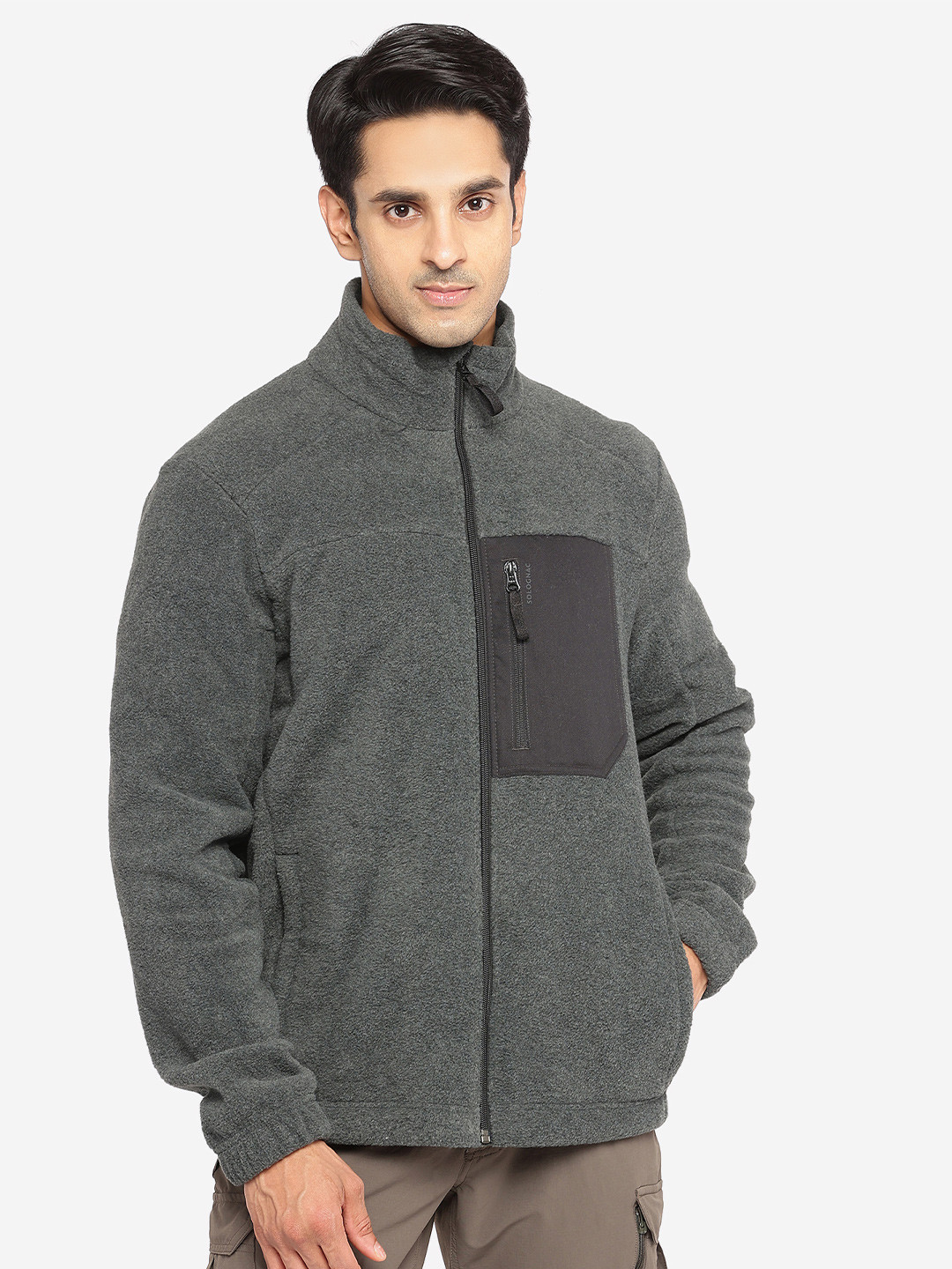 Buy SOLOGNAC By Decathlon Men Grey Raised Collar Hiking Fleece ...