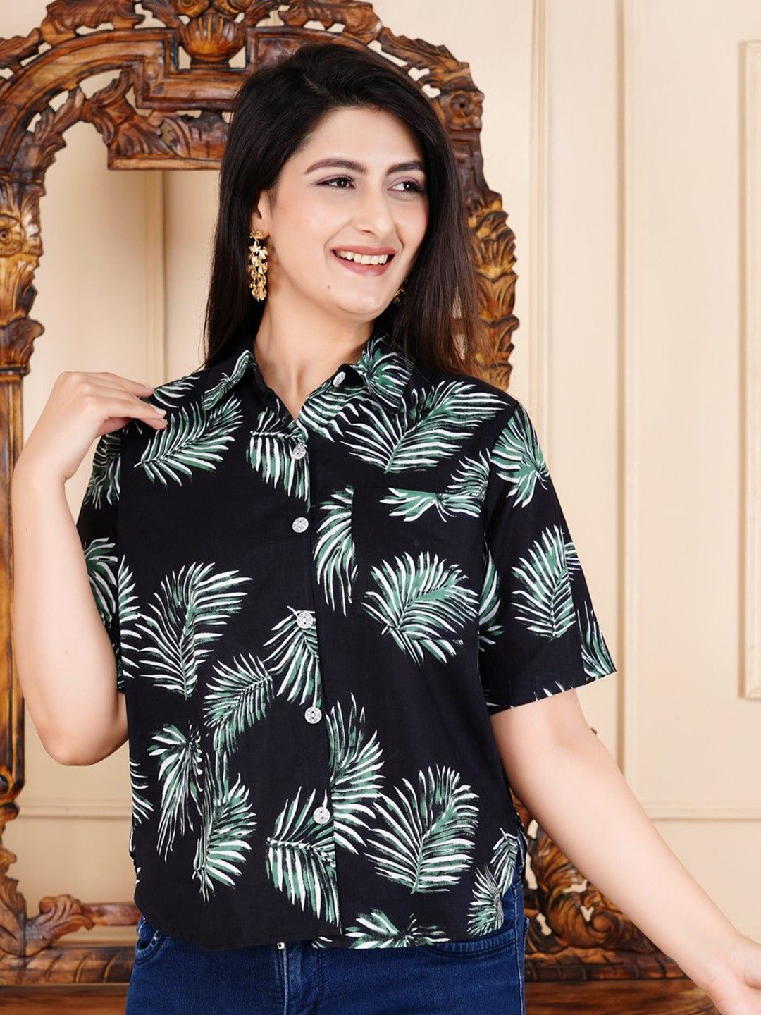 Buy MANOJAVA Women Tropical Printed Shirt Collar Shirt Style Top - Tops ...