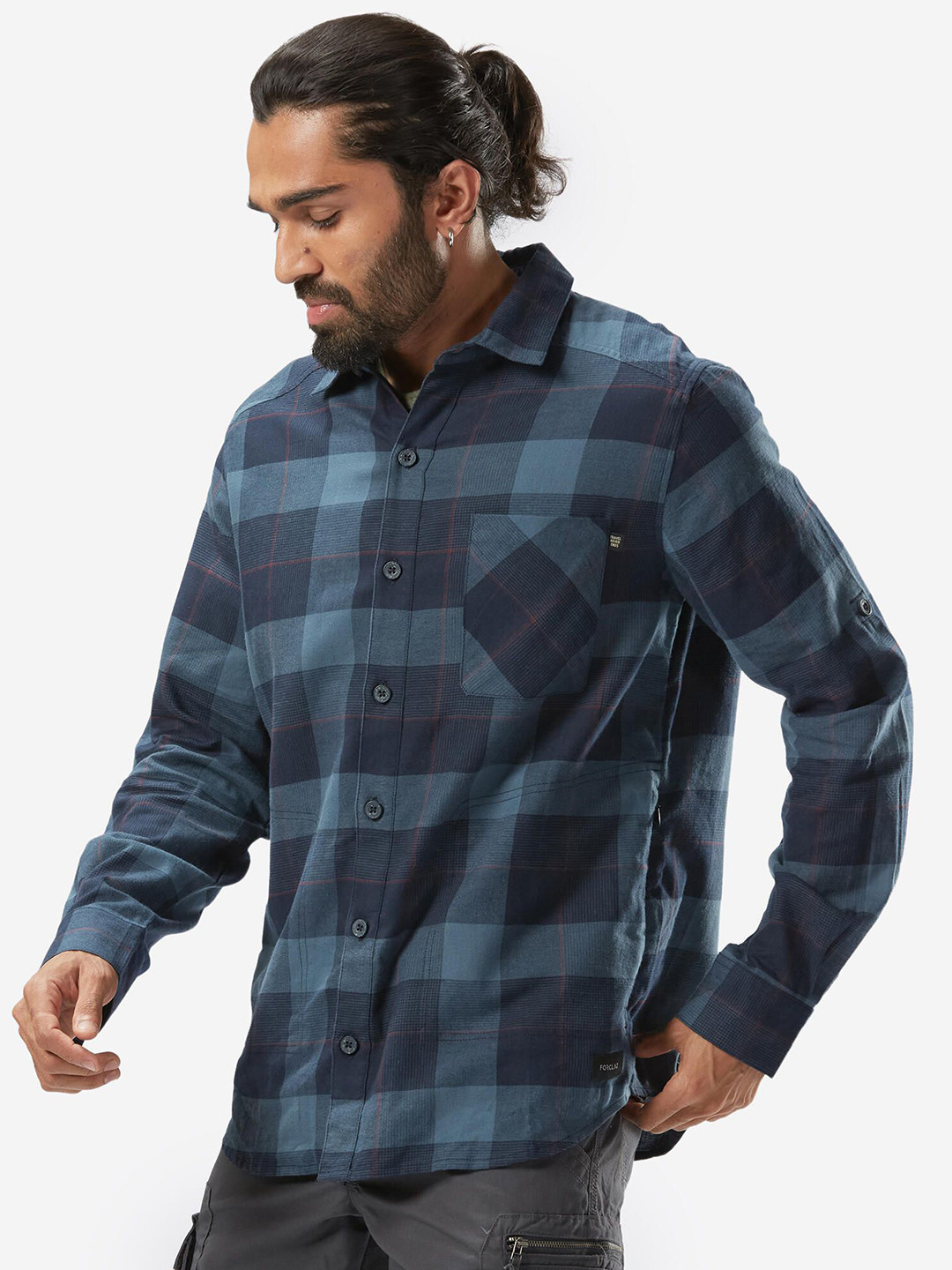 Buy FORCLAZ By Decathlon Men Blue Checked Full Sleeve Light Flannel ...