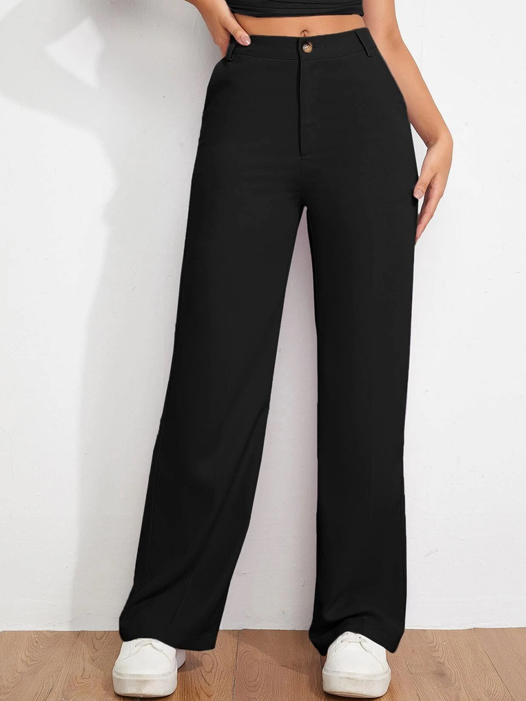Buy FNOCKS Women Relaxed Straight Leg Straight Fit High Rise Trousers ...