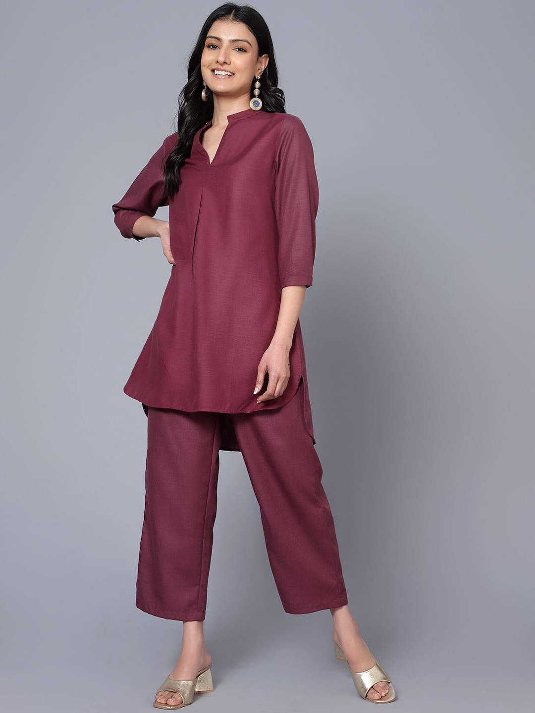Buy Bani Women Mandarin Collar High Low Longline Tunic With Trouser ...