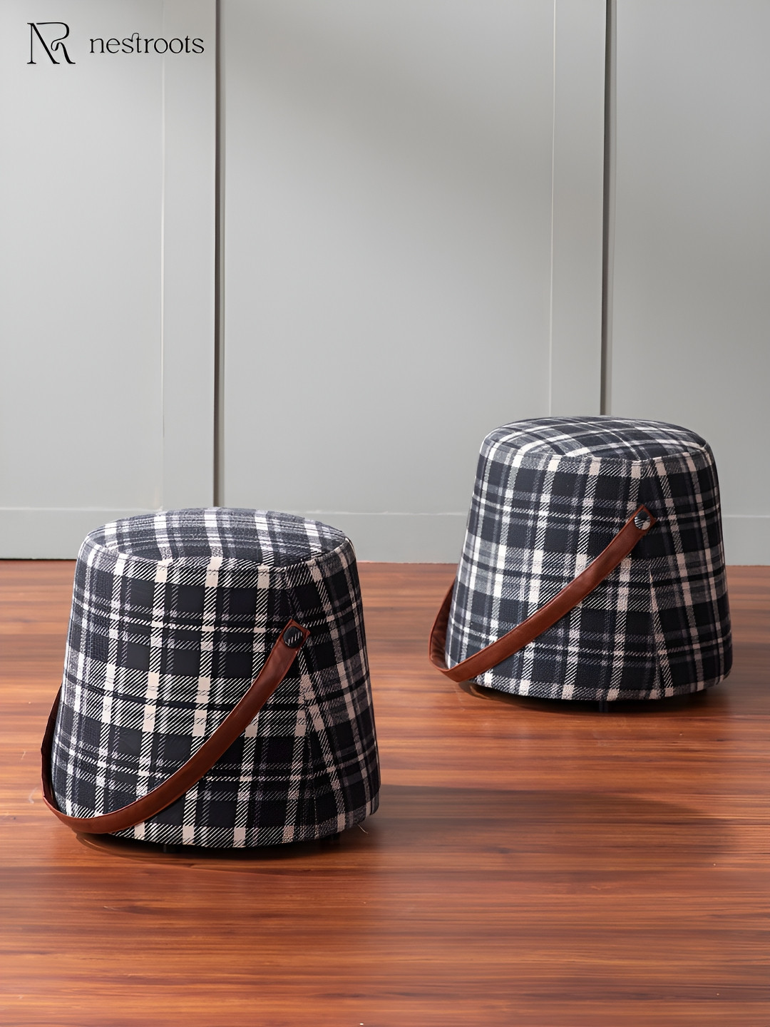 Buy Nestroots Set Of 2 Black & White Checked Pouf Ottoman With Faux ...