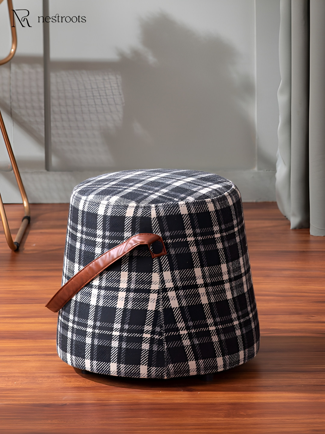 Buy Nestroots Black & White Checked Pouf Ottoman With Faux Leather ...