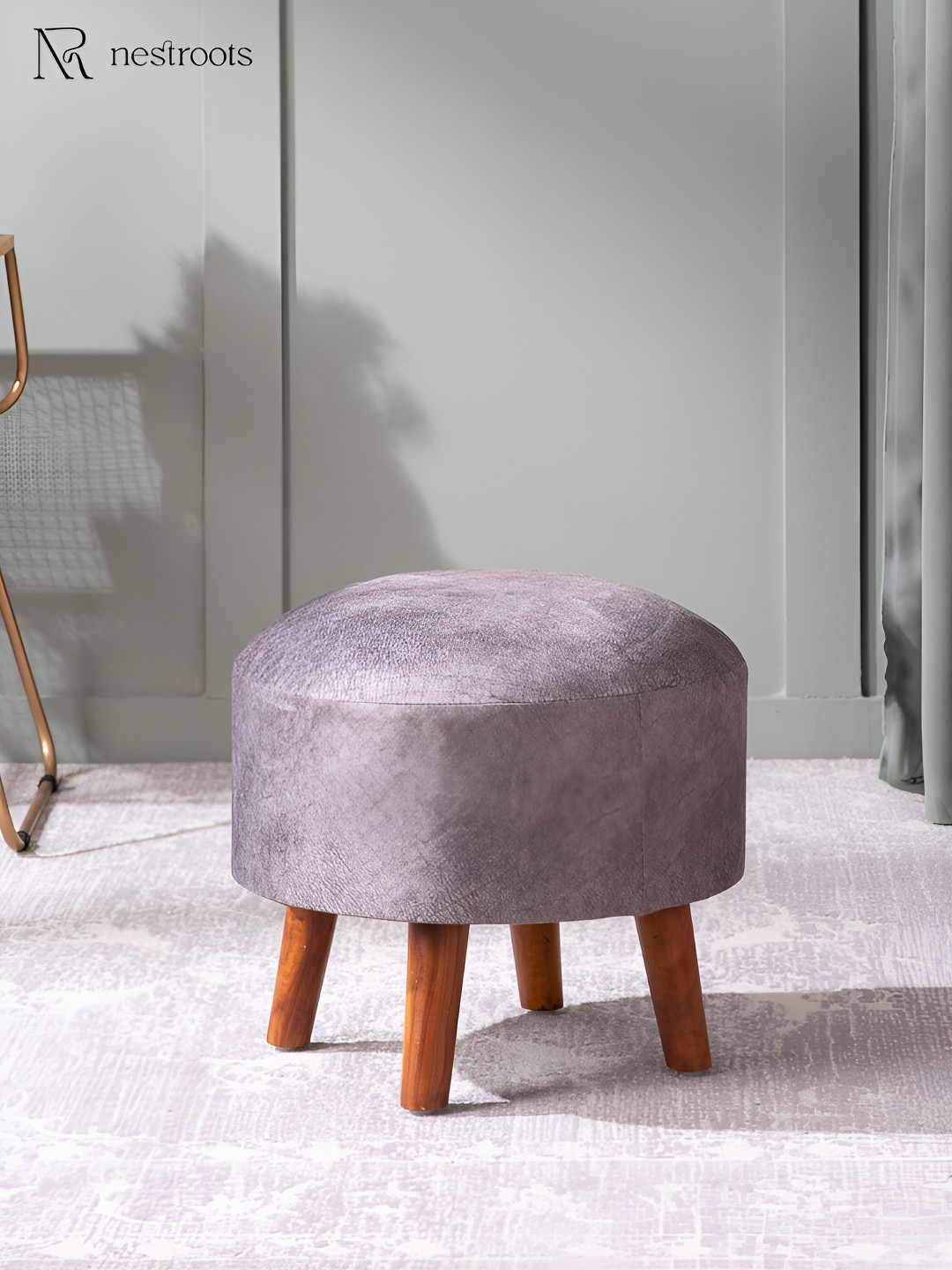 Buy Nestroots Grey Faux Leather Round Shape Ottoman Stool For Living ...