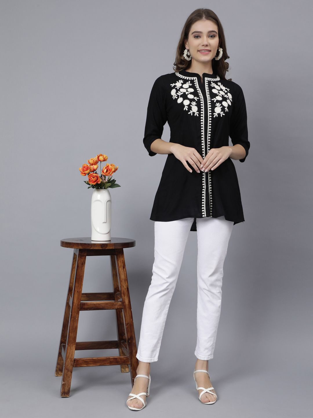 Buy STUNICS Floral Embroidered Mandarin Collar Tunic - Tunics for Women ...