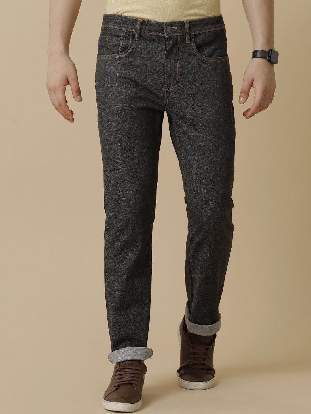 Buy Cavallo By Linen Club Men Solid Cotton Linen Straight Fit Jeans ...