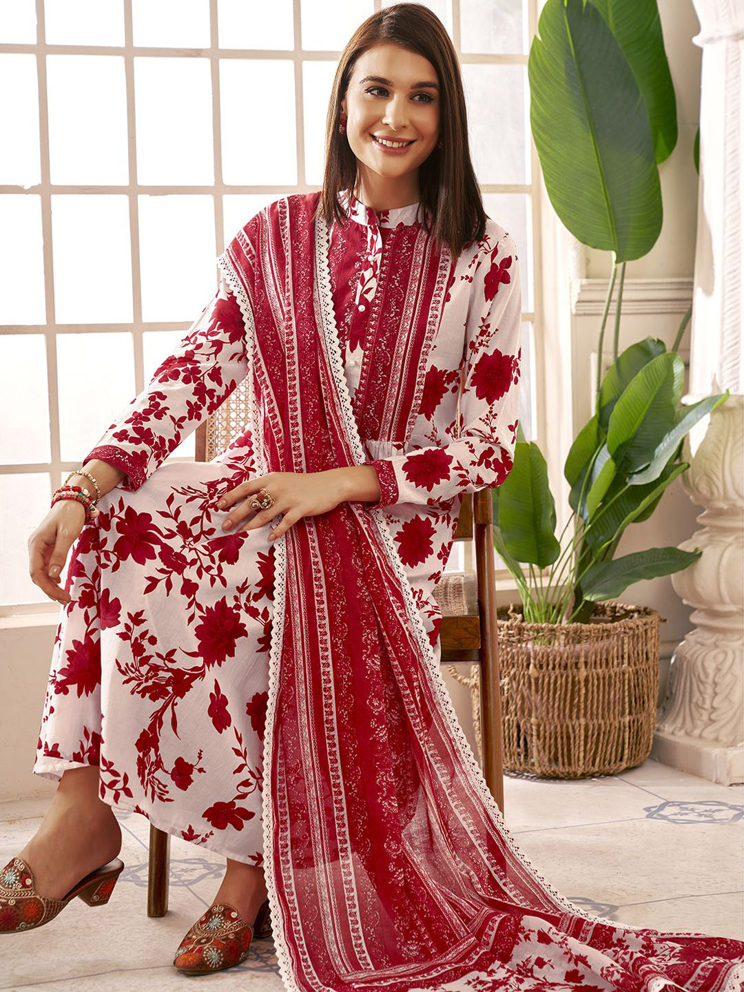 Buy Anouk Women Floral Printed Pleated Kurta With Trousers & With Dupatta - Kurta Sets for Women ...