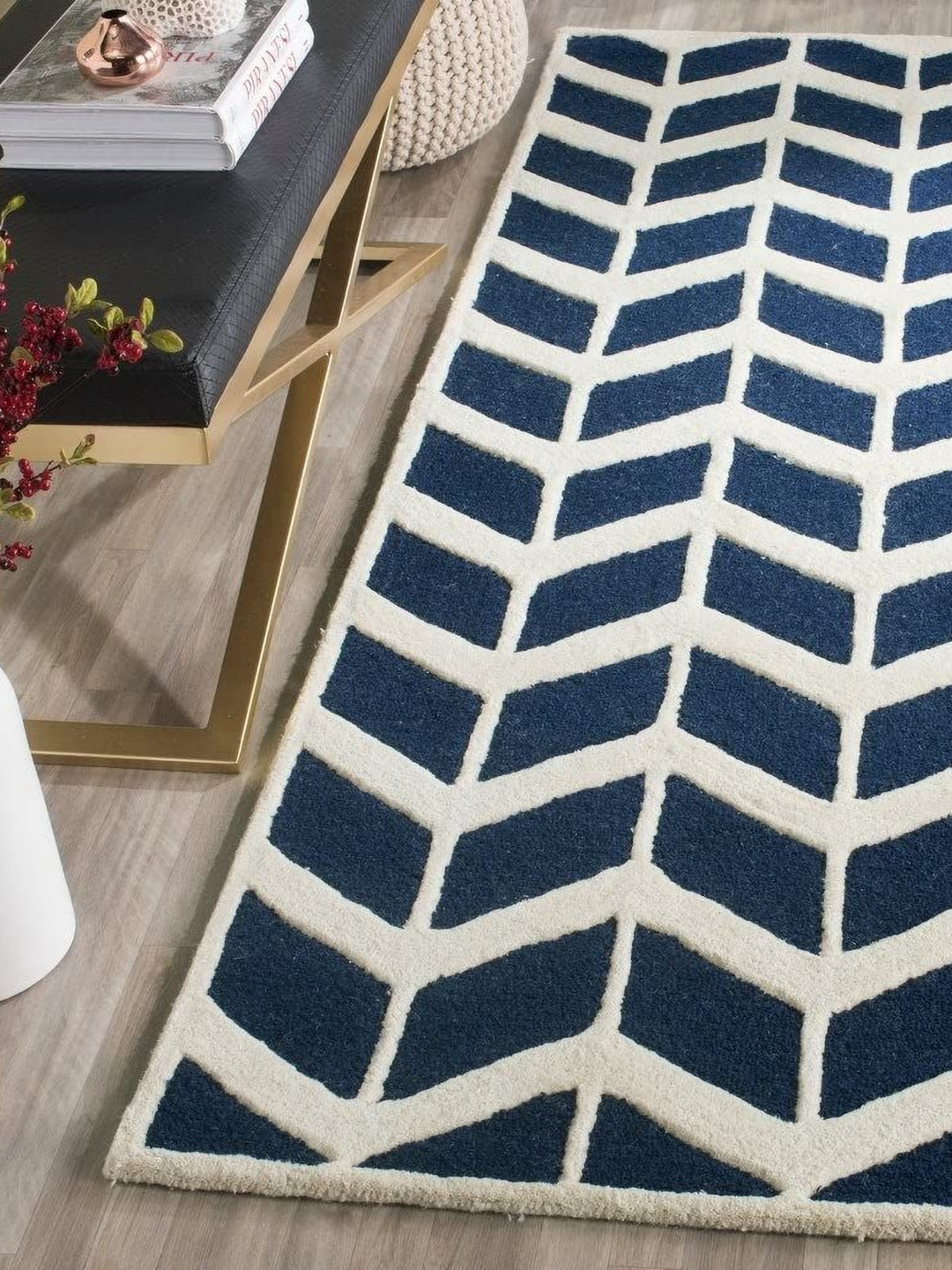 Buy Safiya Carpet Navy Blue Geometric Hand Tufted Woollen Carpets ...