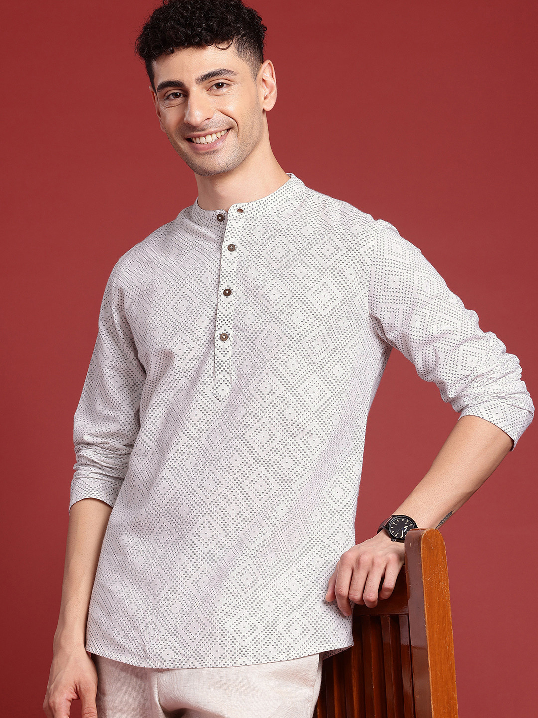 Buy Anouk Men Geometric Printed Mandarin Collar Pure Cotton Short Kurta ...