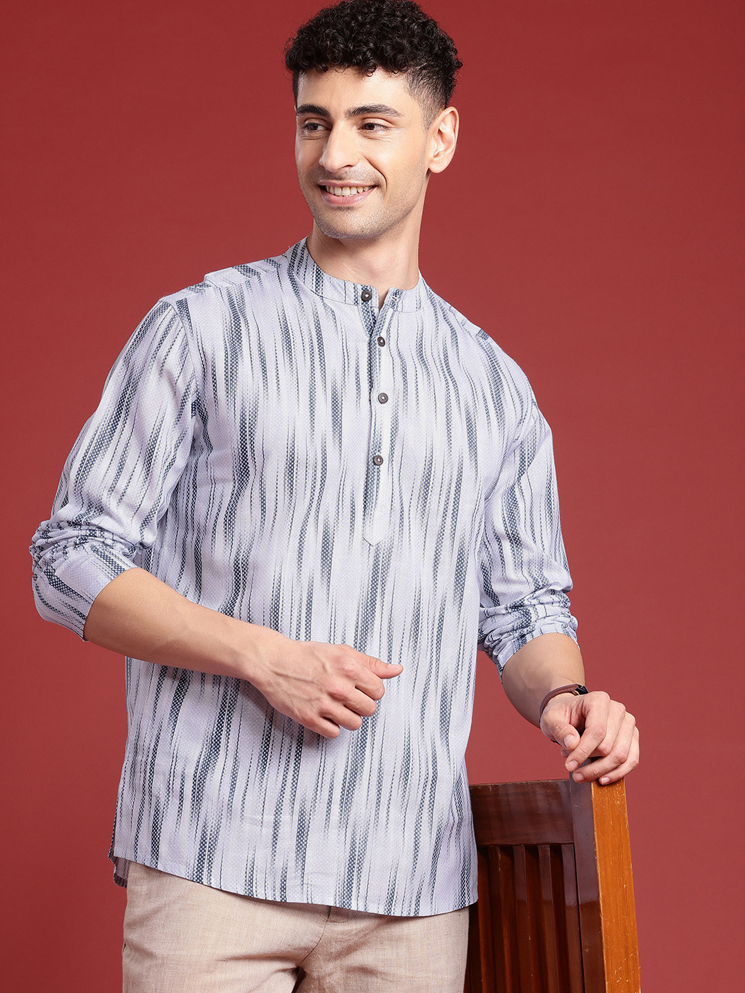 Buy Anouk Men Ikat Printed Mandarin Collar Pure Cotton Short Kurta ...