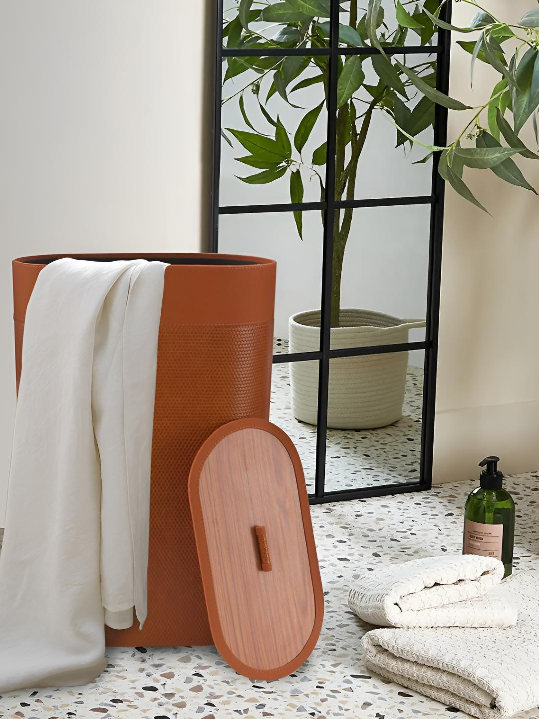Buy THE HOME CO. Tan Brown Self Design Laundry Bin With Lid - Laundry ...