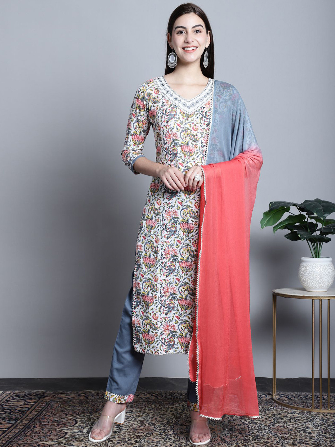 Buy KALINI Floral Embroidered Regular Pure Cotton Kurta With Trousers ...