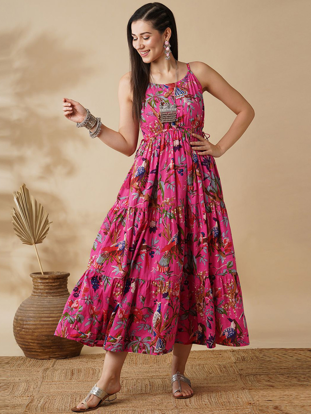 Buy Globus Floral Print Adjustable Strappy Sleeve Waist Tie Up Fit ...