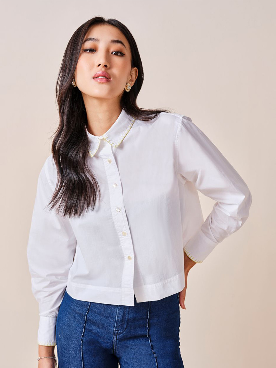 Buy AND Women Solid Cotton Long Sleeves Shirt Style Top - Tops for ...