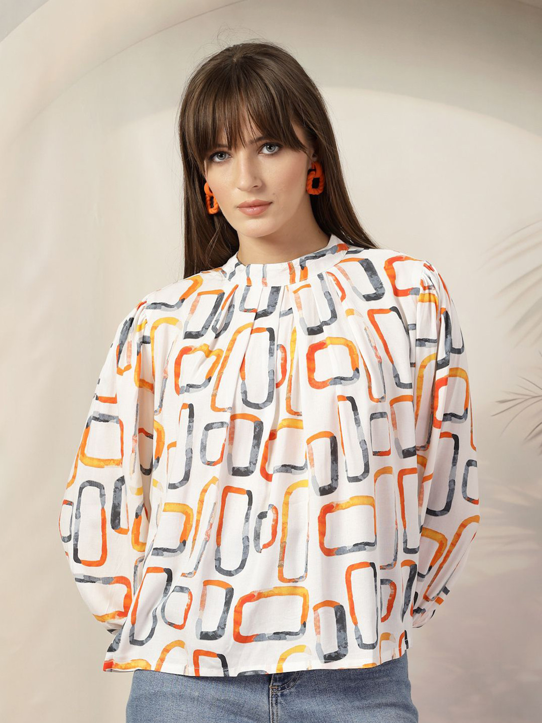 Buy PlusS Women Geometric Print Cuffed Sleeves Cotton Top - Tops for ...