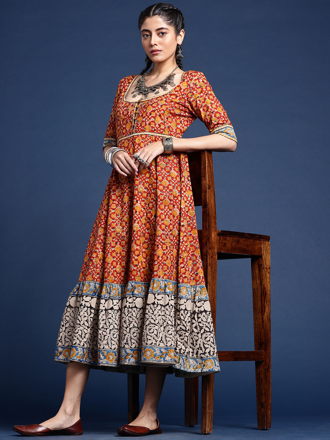 Buy Taavi Floral Printed Gathered Or Pleated Kalamkari Ethnic Dresses ...