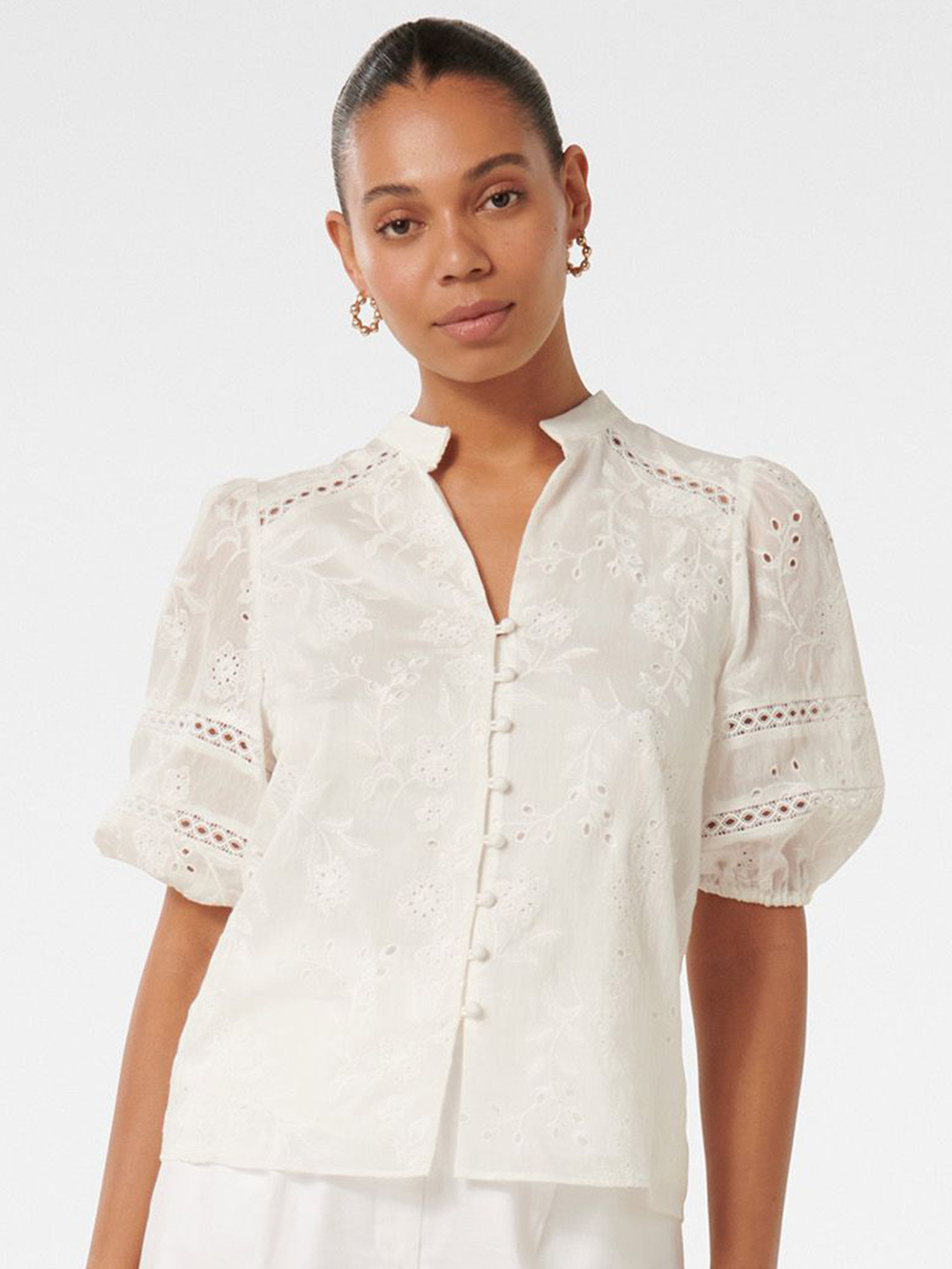 Buy Forever New Women Embroidered Mandarin Collar Puff Sleeve Shirt ...